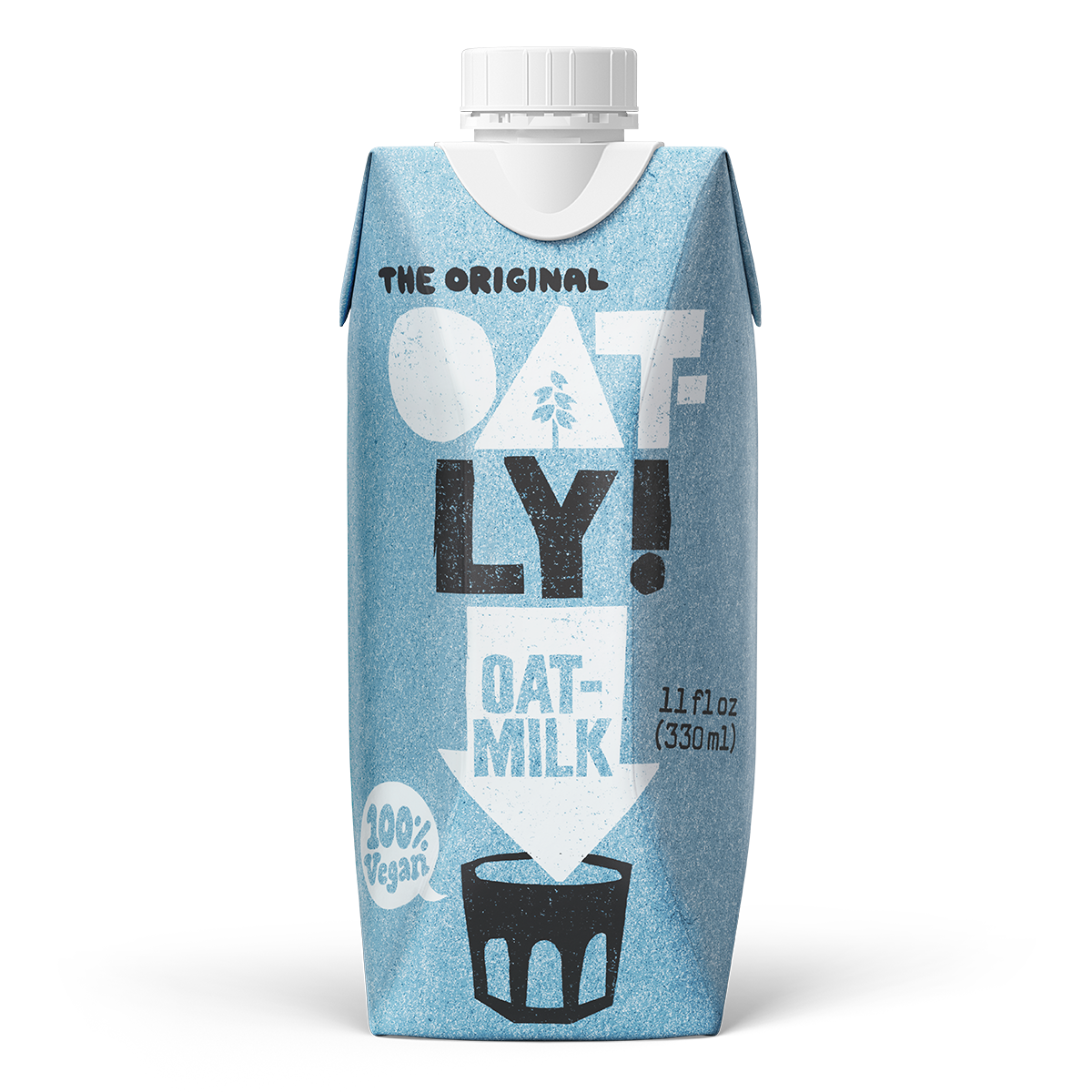 A blue carton of Oatly oat milk, labeled "The Original OATLY!" with a ...
