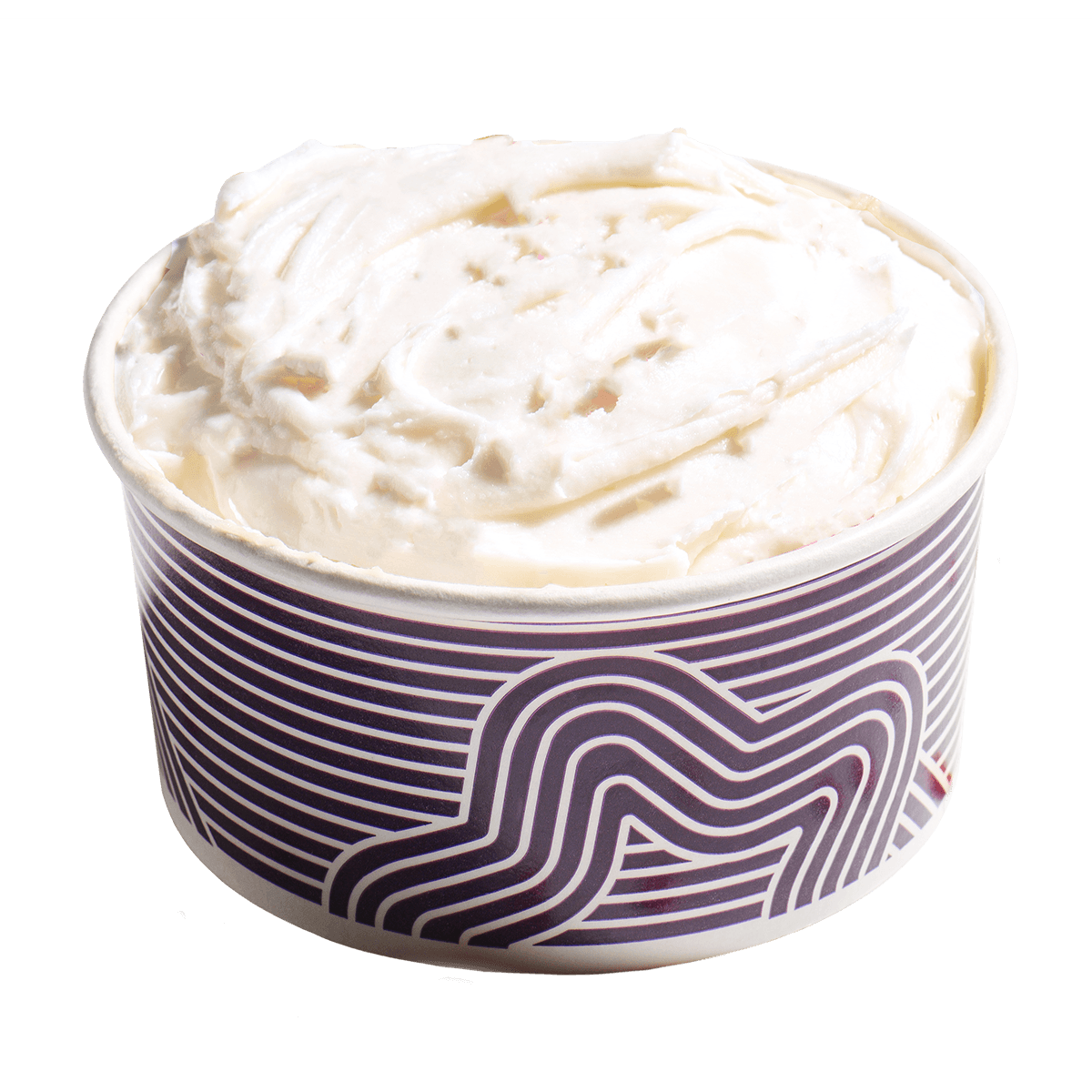 A cup of creamy white ice cream with a decorative striped design on the ...